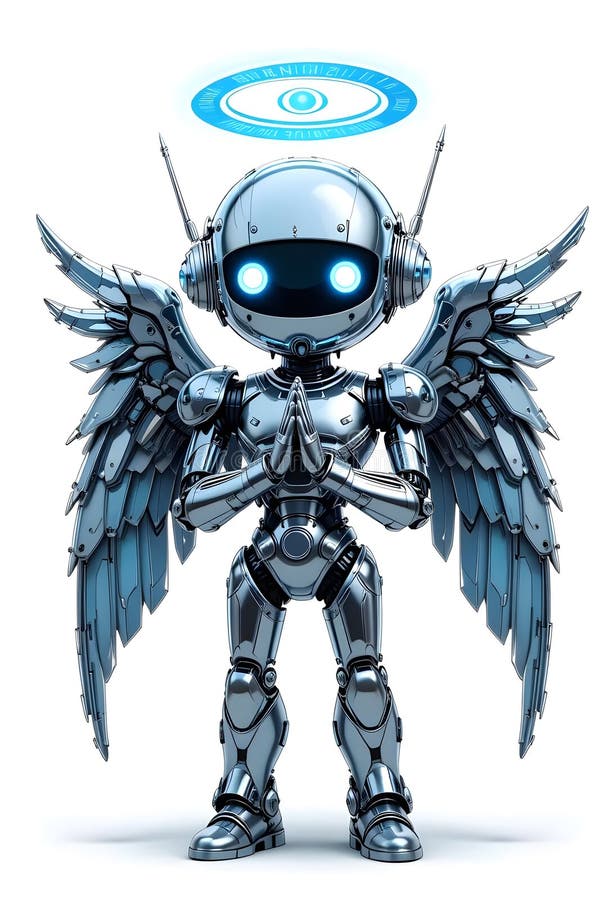 A Futuristic Angel: Chrome Robot with Wings in Prayer Pose, Digital Art ...