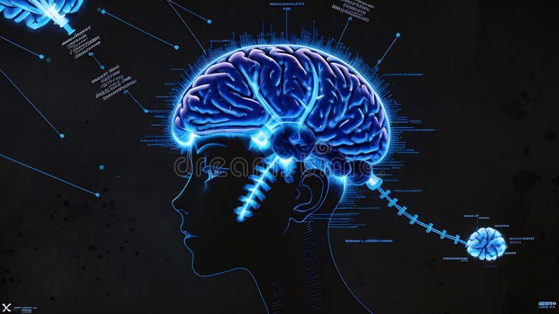 Futuristic Animation with Blue Human Brain on Dark Grunge Background ...
