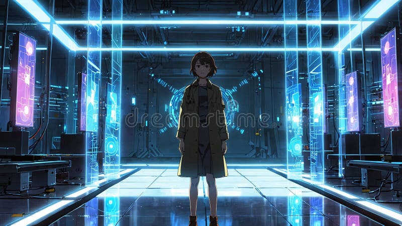 Futuristic Anime Scientist Amid High-Tech Lab with Vibrant Holograms ...