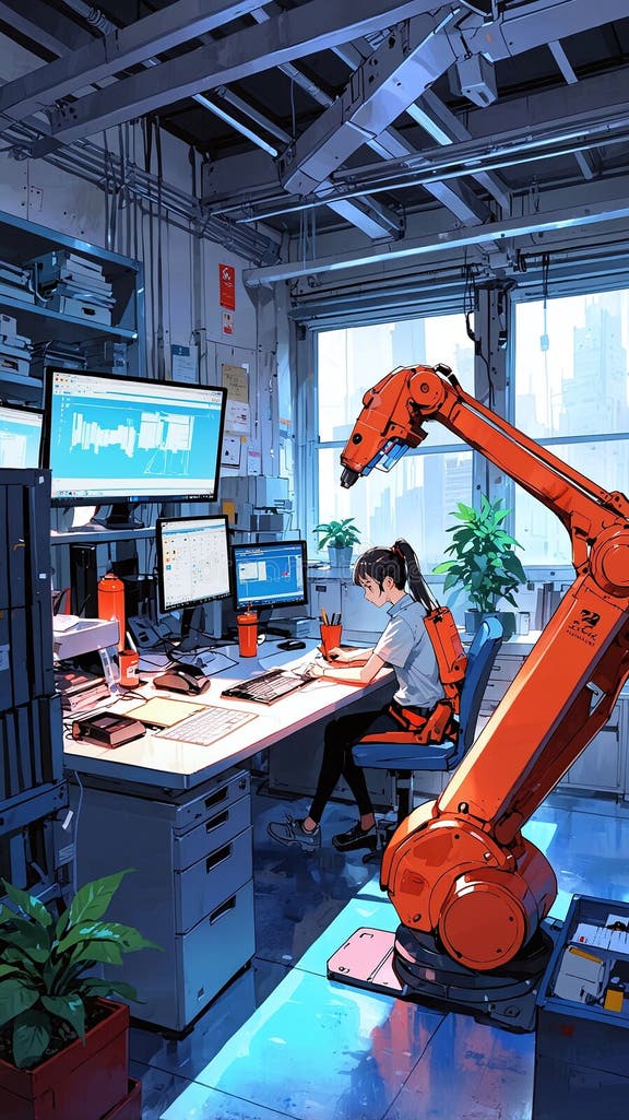 Futuristic Anime Workspace with Robots and Automated Systems Assisting ...
