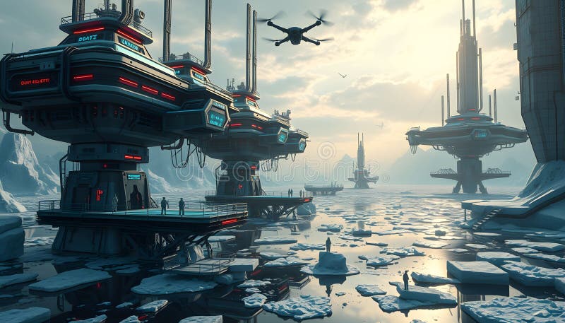 Futuristic Antarctic Base at Sunset, Floating Structures Stock ...