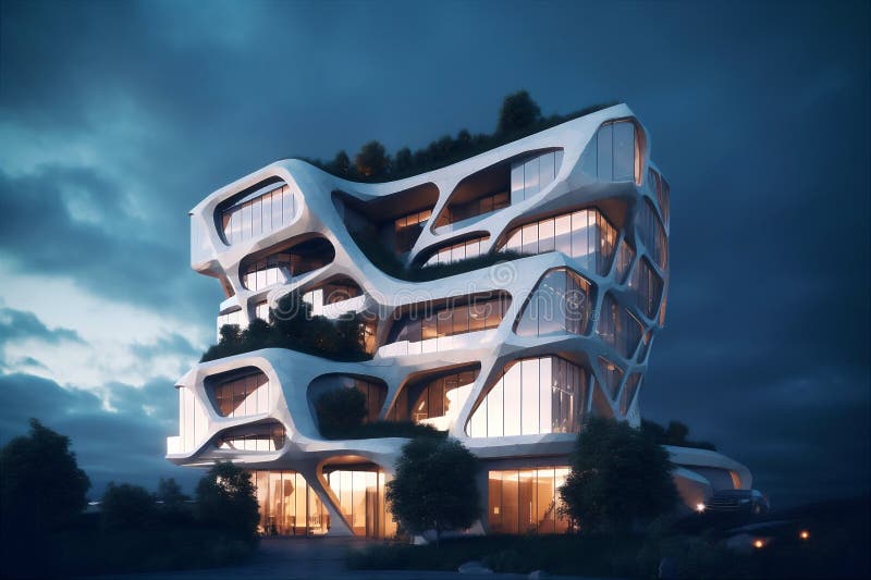 Futuristic Apartment Building with Modern Exterior at Night with ...