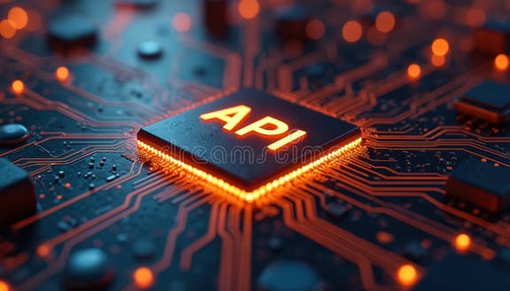 Futuristic API Integration Concept. Digital Circuit Board Background with Glowing Connections ...