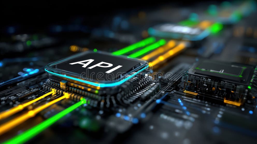 Futuristic Api Microchip Technology with Circuit Board and Neon Lights Stock Illustration ...