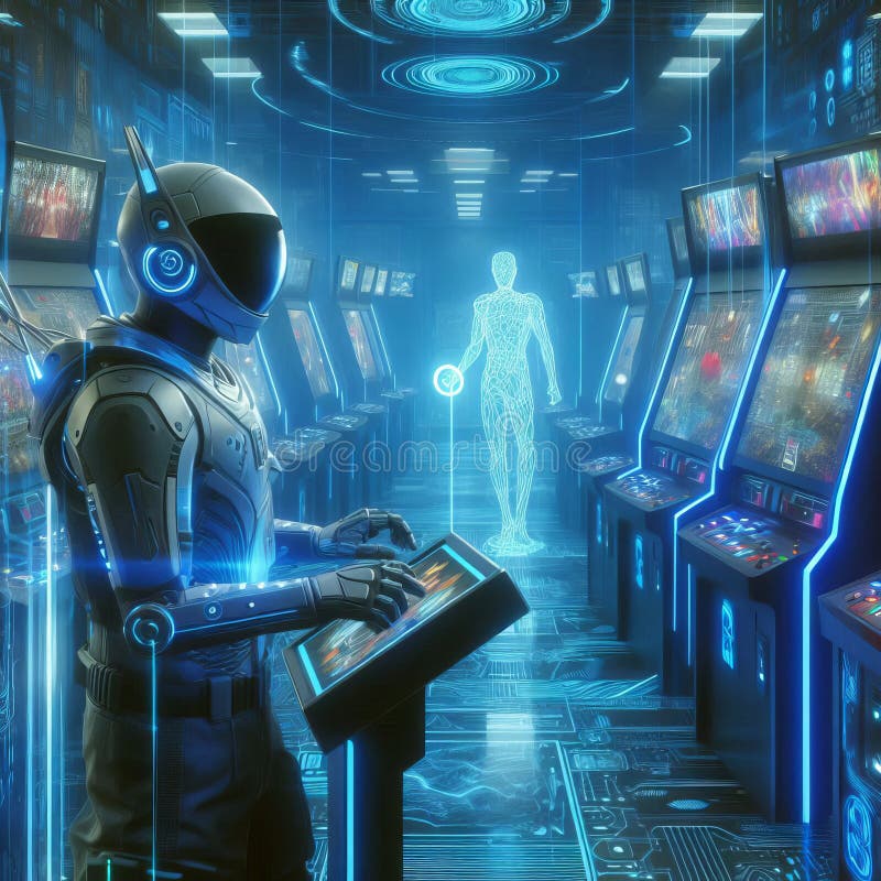 Futuristic Arcade a Character in a High Tech Arcade with Hologra Stock ...