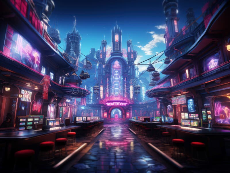 A Futuristic Arcade or Entertainment Venue, Featuring a Large Pink ...