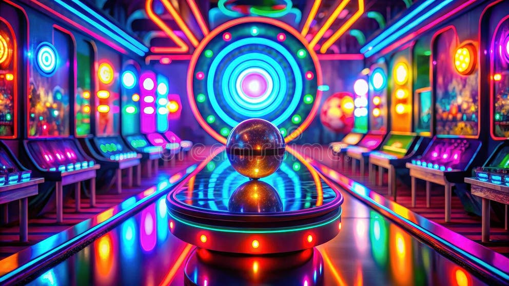 Futuristic Arcade with Vibrant Neon Lights and Reflective Sphere on a ...