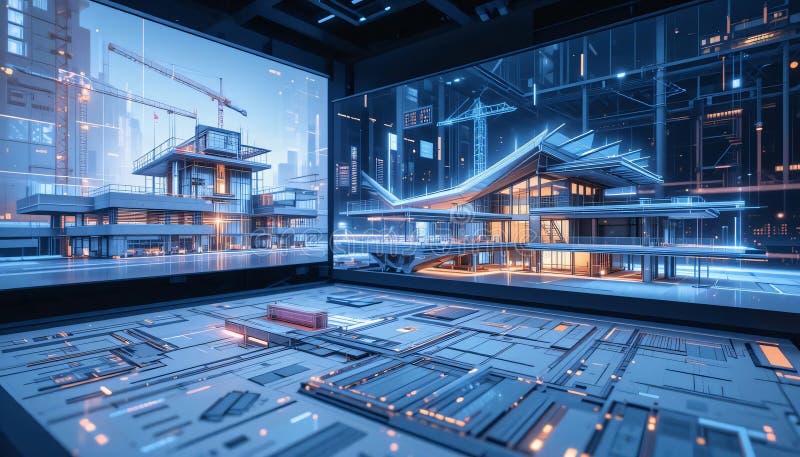 Futuristic Architectural Blueprints Displayed on Digital Screens in ...