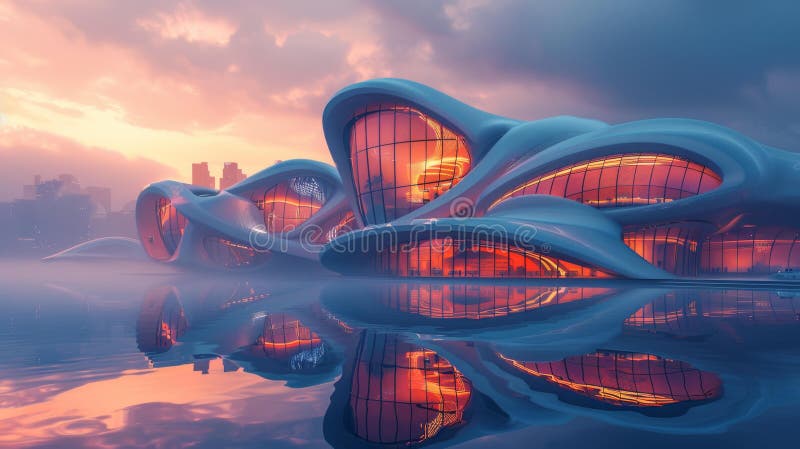Futuristic Architectural Building by the Water at Sunset - Generative ...