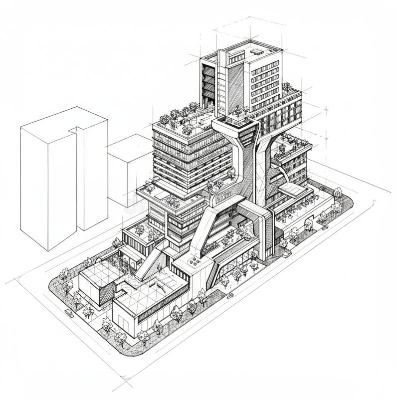 Futuristic Architectural Complex Depicted in a Detailed Line Drawing ...