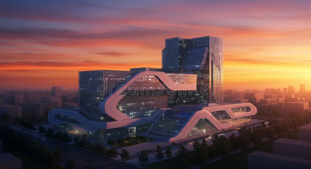 Futuristic Architectural Complex with Sleek, Interconnected Buildings ...