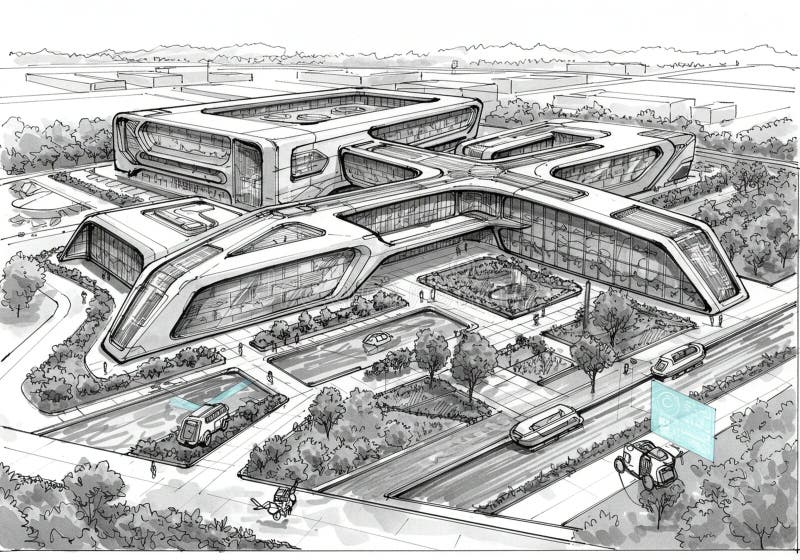 Futuristic Architectural Concept Featuring a Cross-shaped Building with ...