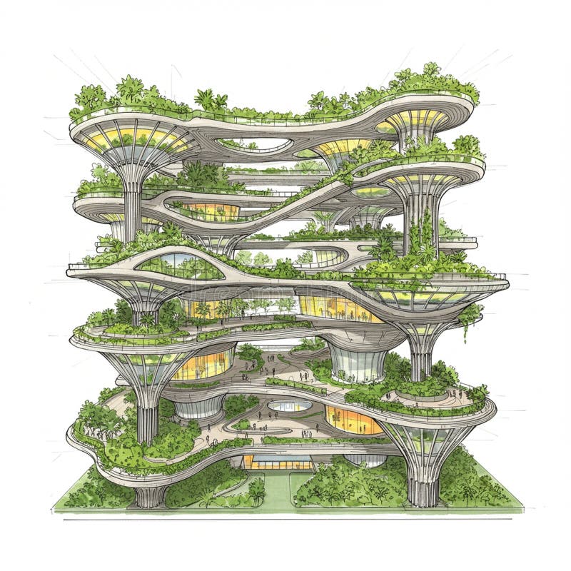 Futuristic Architectural Concept Featuring Multiple Stacked Levels with ...