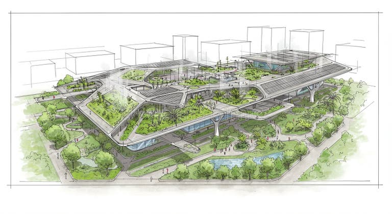 Futuristic Architectural Concept Featuring a Sprawling, Elevated Structure with Stock ...