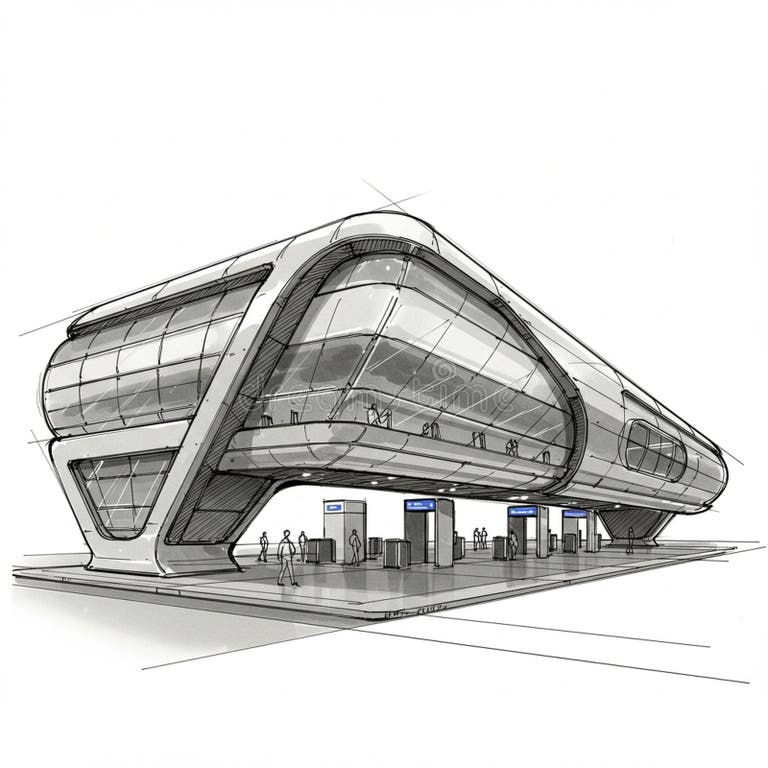 Futuristic Architectural Concept Sketch of a Transportation Terminal ...