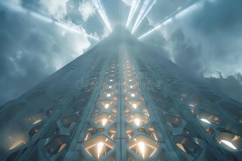 Futuristic Architectural Design with Ethereal Light Rays and Clouds ...