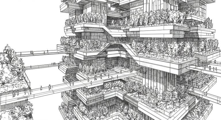 Futuristic Architectural Design Featuring Interconnected, Stacked ...