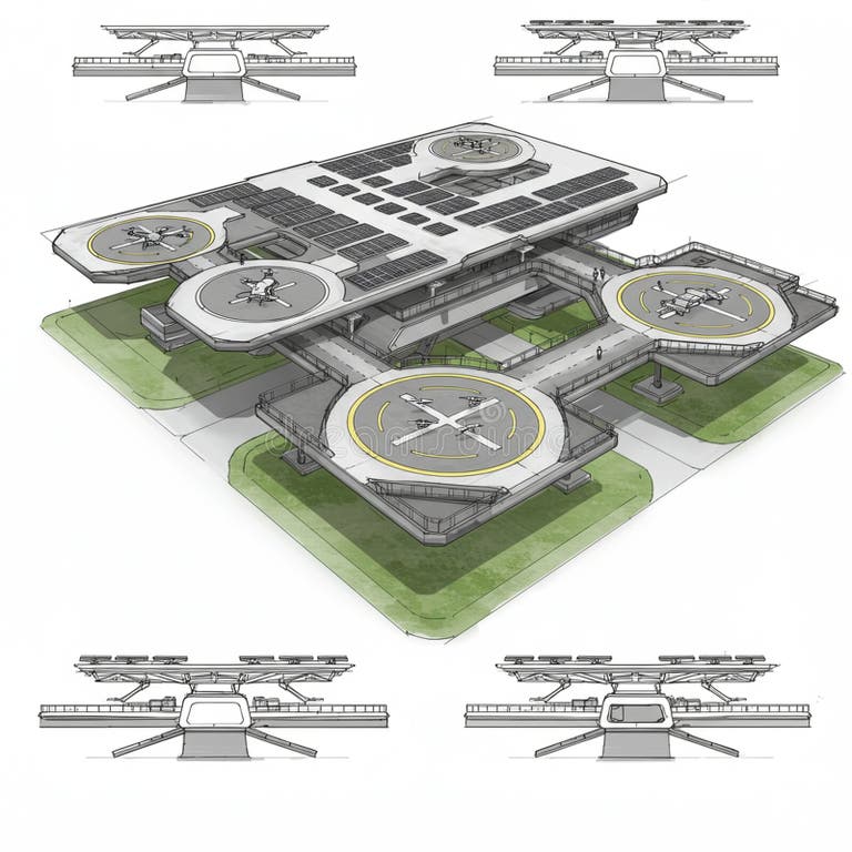 Futuristic Architectural Design Featuring a Multi-level Drone Port ...