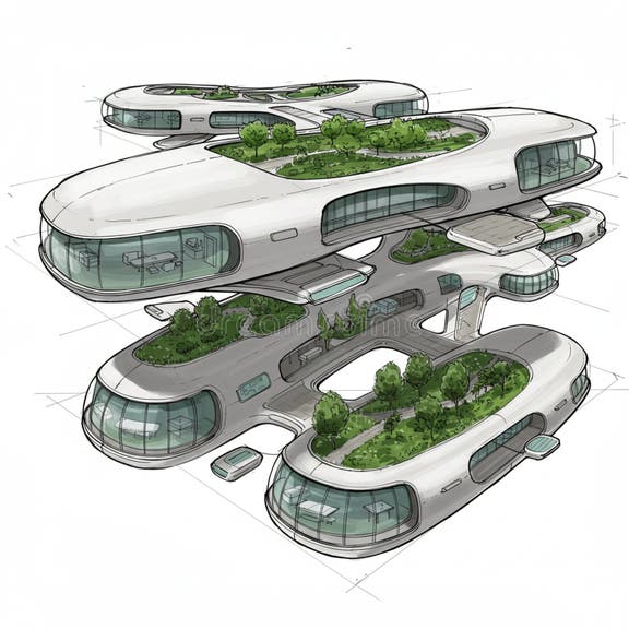 Futuristic Architectural Design Featuring Multi-level, Interconnected ...