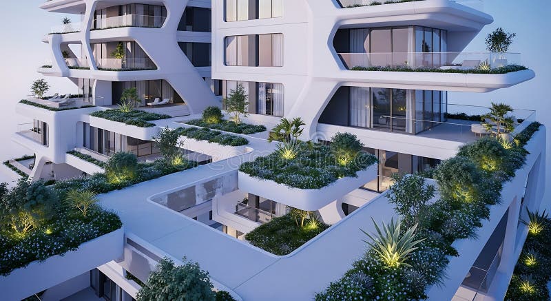 Futuristic Architectural Design Featuring Multi-level, White, Geometric ...