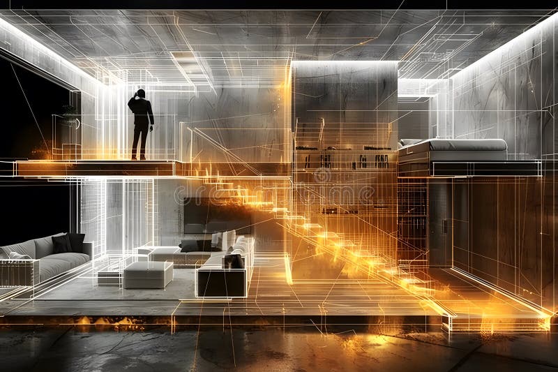 Futuristic Architectural Design with Glowing Wireframe Elements: 3D ...