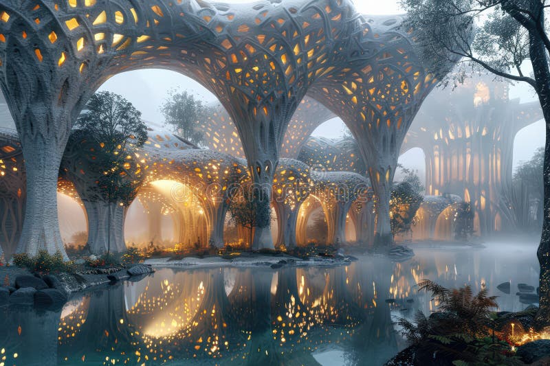 Futuristic Architectural Design in Misty Environment with Water ...