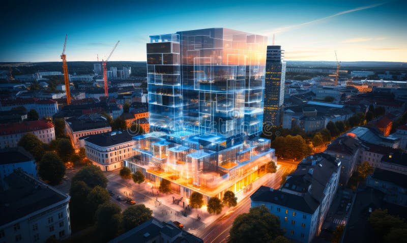 Futuristic Architectural Design Projection Overlay on City Block Under ...