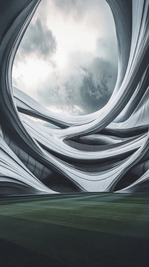 Futuristic Architectural Interior with Curved Structures and Clouds ...