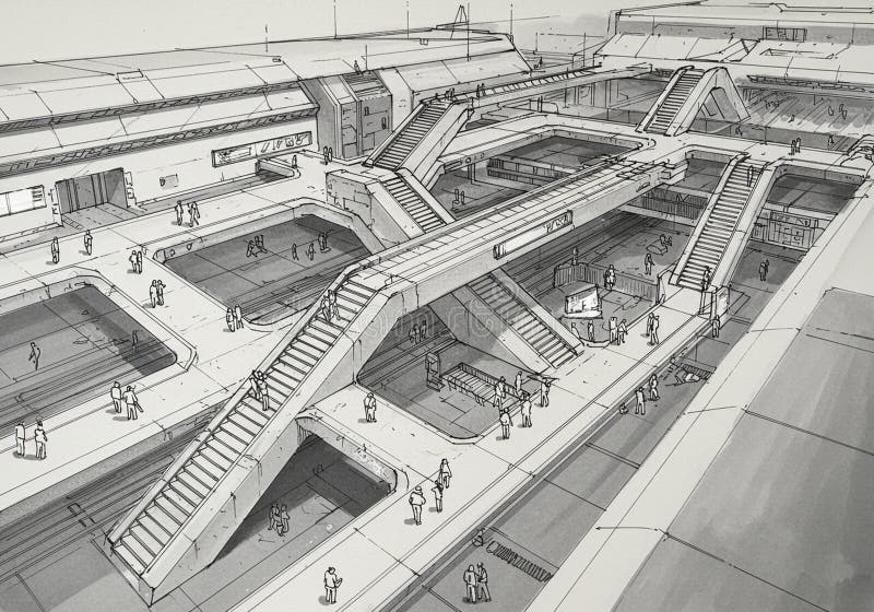 Futuristic Architectural Interior with Multiple Levels and ...