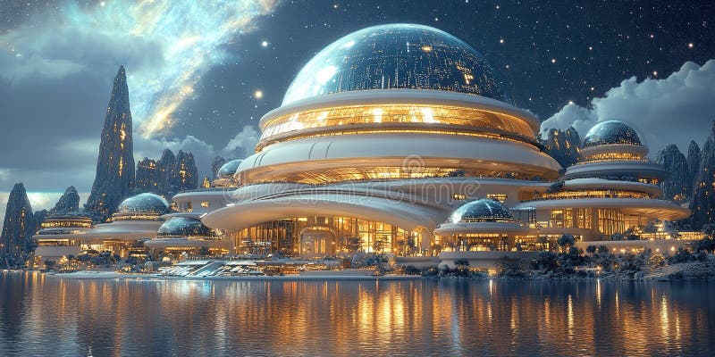 Futuristic Architectural Marvel Illuminated by Stars Over Tranquil ...
