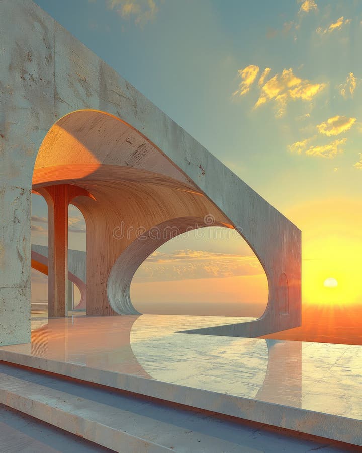 Futuristic Architectural Masterpiece Arched Modern Structure at Sunrise ...