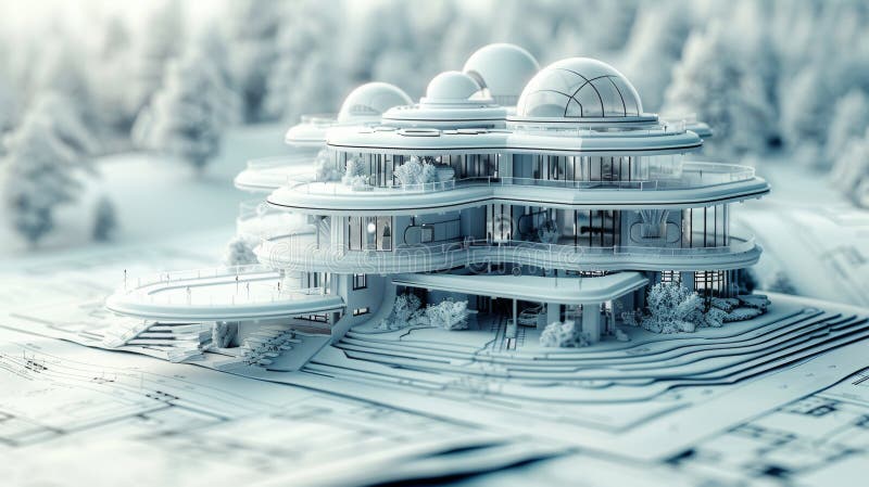 Futuristic Architectural Model with Detailed Blueprints and Design ...