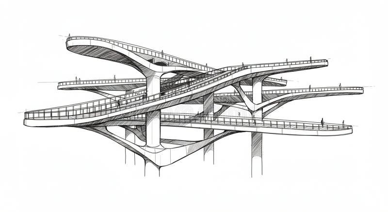 Futuristic Architectural Rendering of an Elevated, Multi-layered ...