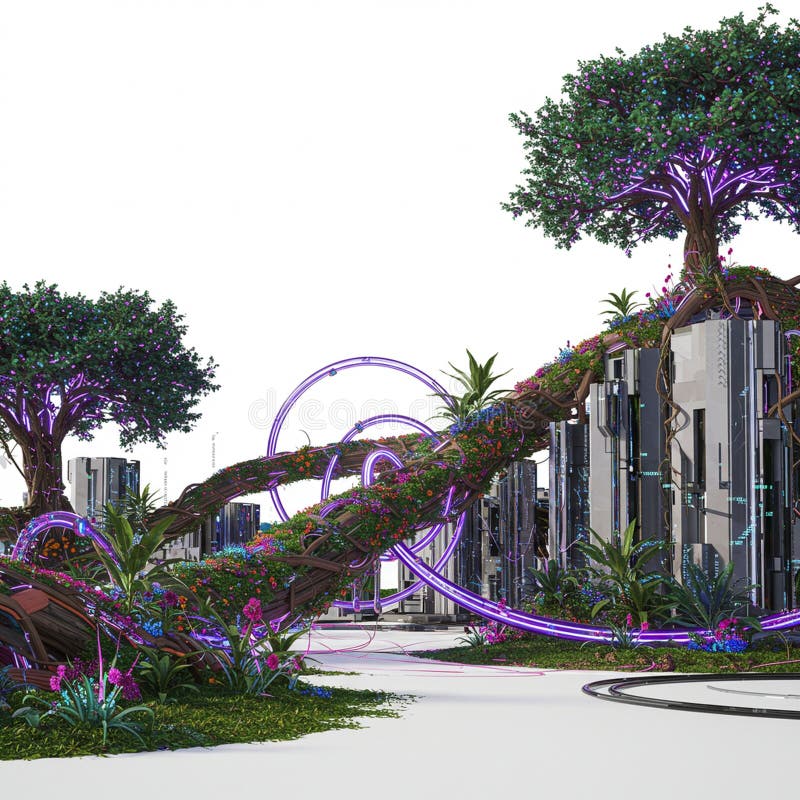 Futuristic Architectural Scene Featuring Intertwining Tree Structures ...