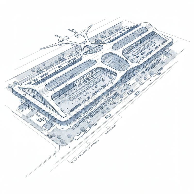 Futuristic Architectural Sketch of an Airport Terminal Featuring an ...