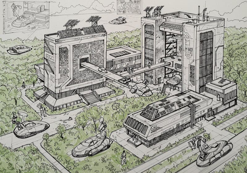 Futuristic Architectural Sketch Depicts a Complex with Interconnected ...