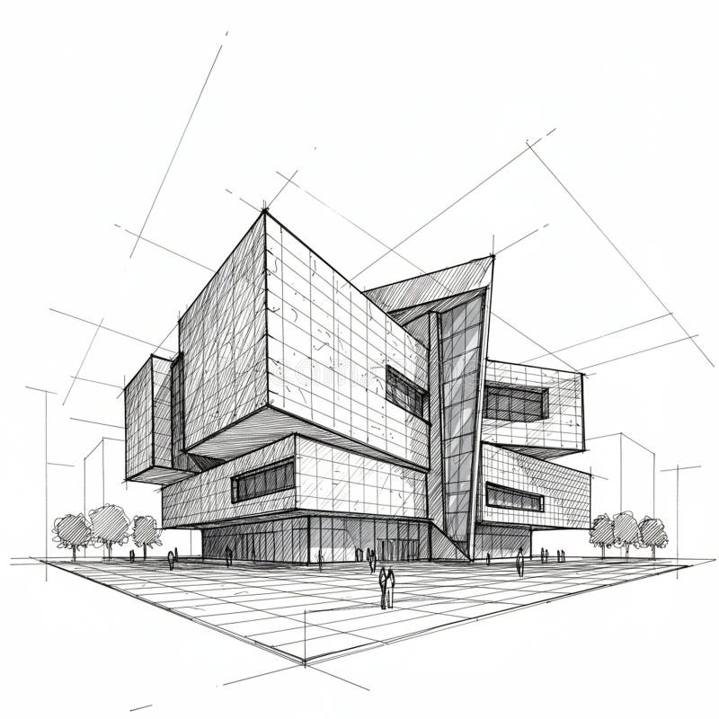 Architectural Sketch of a Modern Building Under Construction, with ...
