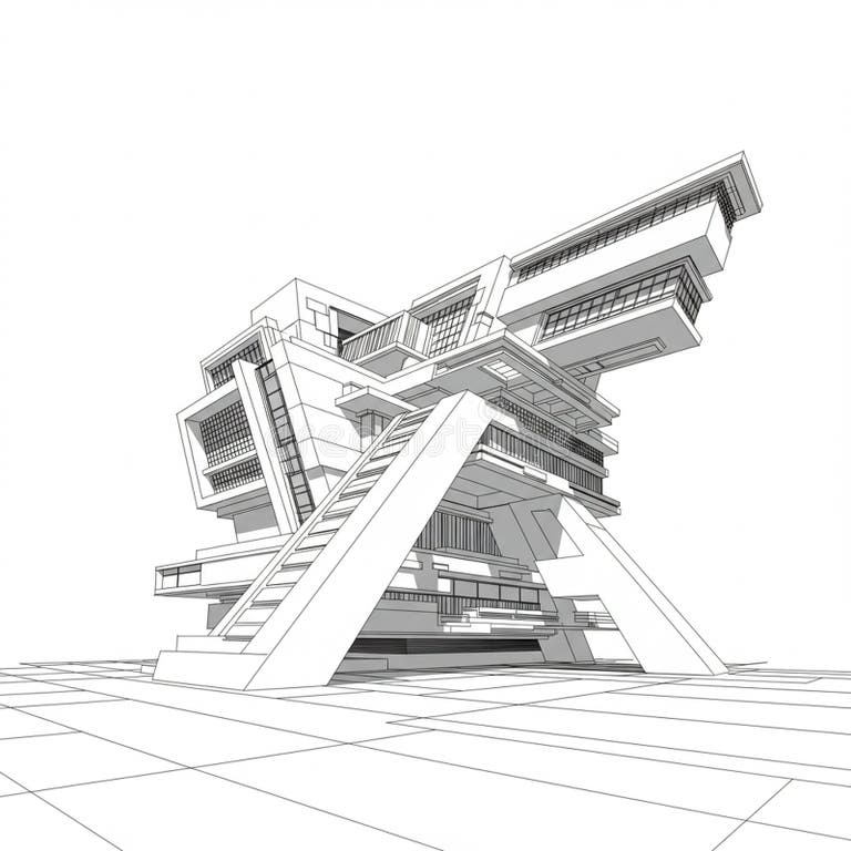 Futuristic Architectural Sketch Featuring a Complex, Angular Structure ...