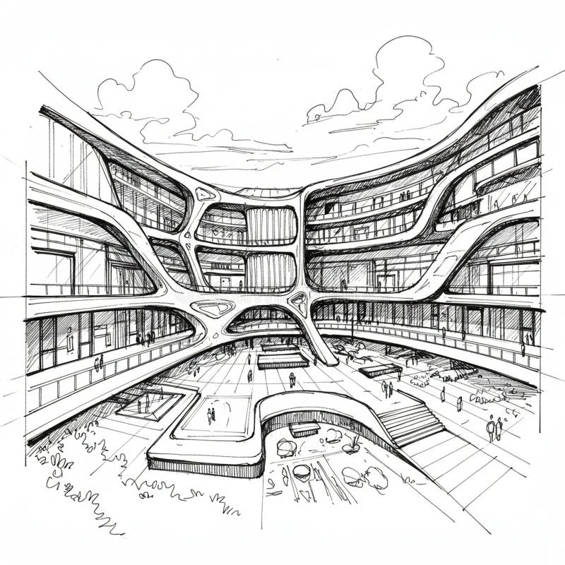 Futuristic Architectural Sketch of a Multi-level Building with Flowing ...