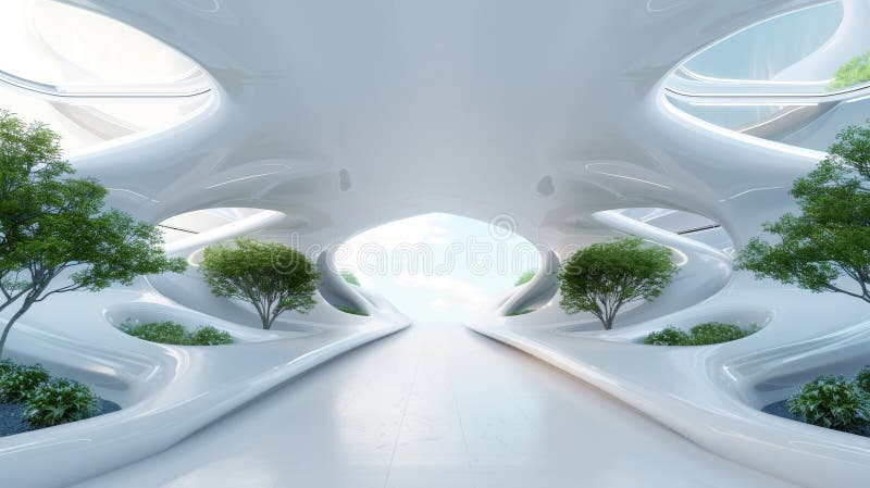 Futuristic Architectural Space with Organic Shapes and Greenery ...
