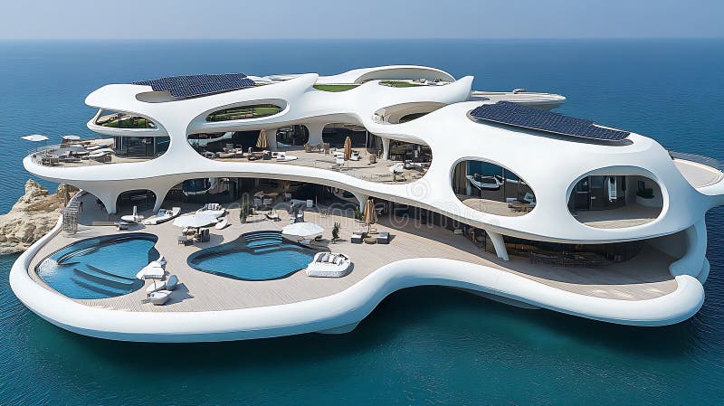 Futuristic Architectural Structure Floating Above the Calm Ocean Waters ...