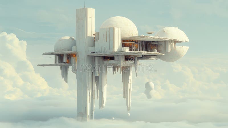 Futuristic Floating Structure with Domes Above Clouds Stock ...