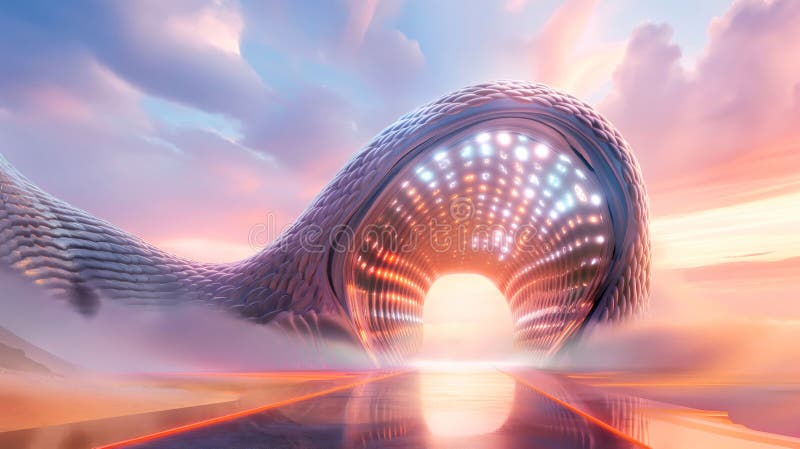 Futuristic Architectural Structure with LED Lights at Sunset in a Misty ...