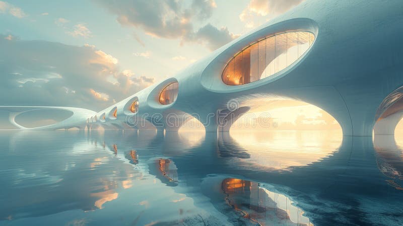 Futuristic Architectural Structure Over Water at Sunset - Generative AI ...
