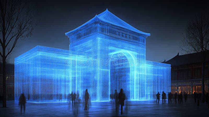 Futuristic Architecture Blue Digital Outline of Landmark Building in ...