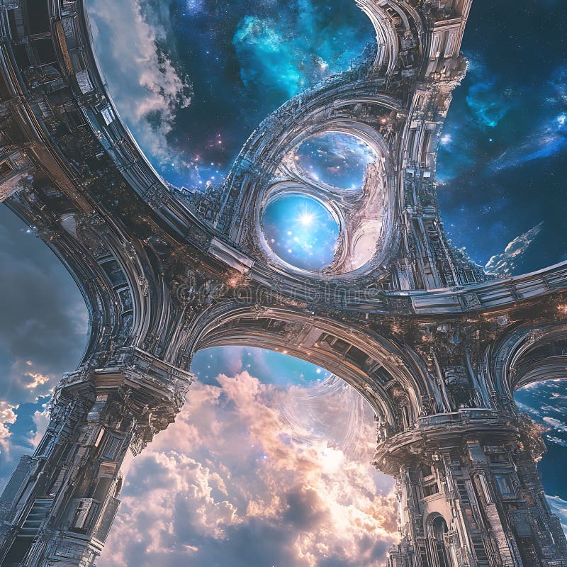 Futuristic Architecture with Cosmic Sky, Abstract Design Stock ...
