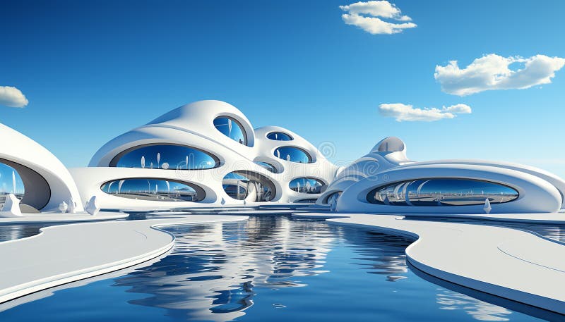 Futuristic Architecture Design Modern Wave Reflects in Blue Swimming ...