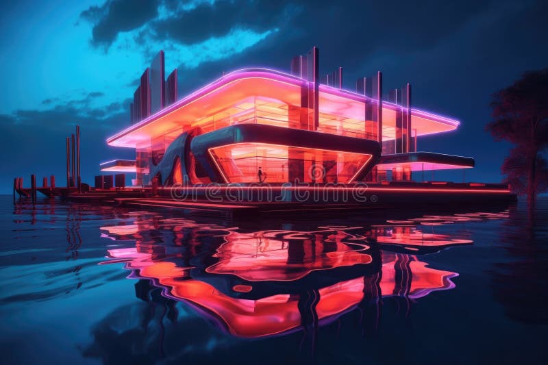 Futuristic Architecture with Neon Lights Reflecting on Water Stock ...