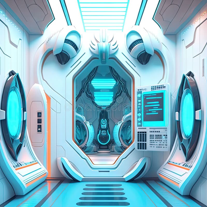 Futuristic Architecture, Plastic Corridor in White, Blue, Orange Colors ...