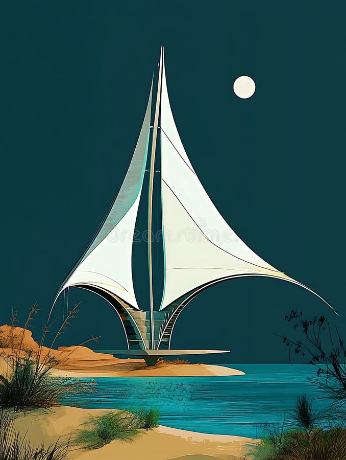 Futuristic Architecture by the Sea with a Full Moon Stock Illustration ...